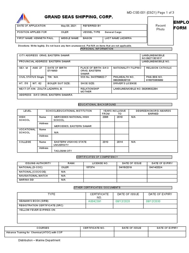 Grand Seas Shipping Application Form | PDF | Ships | Shipping