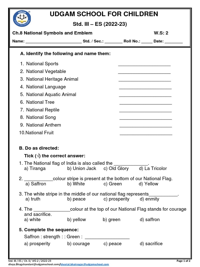 Std. III Ch.8 National Symbols and Emblem WS-2 | PDF | Flag | Symbols
