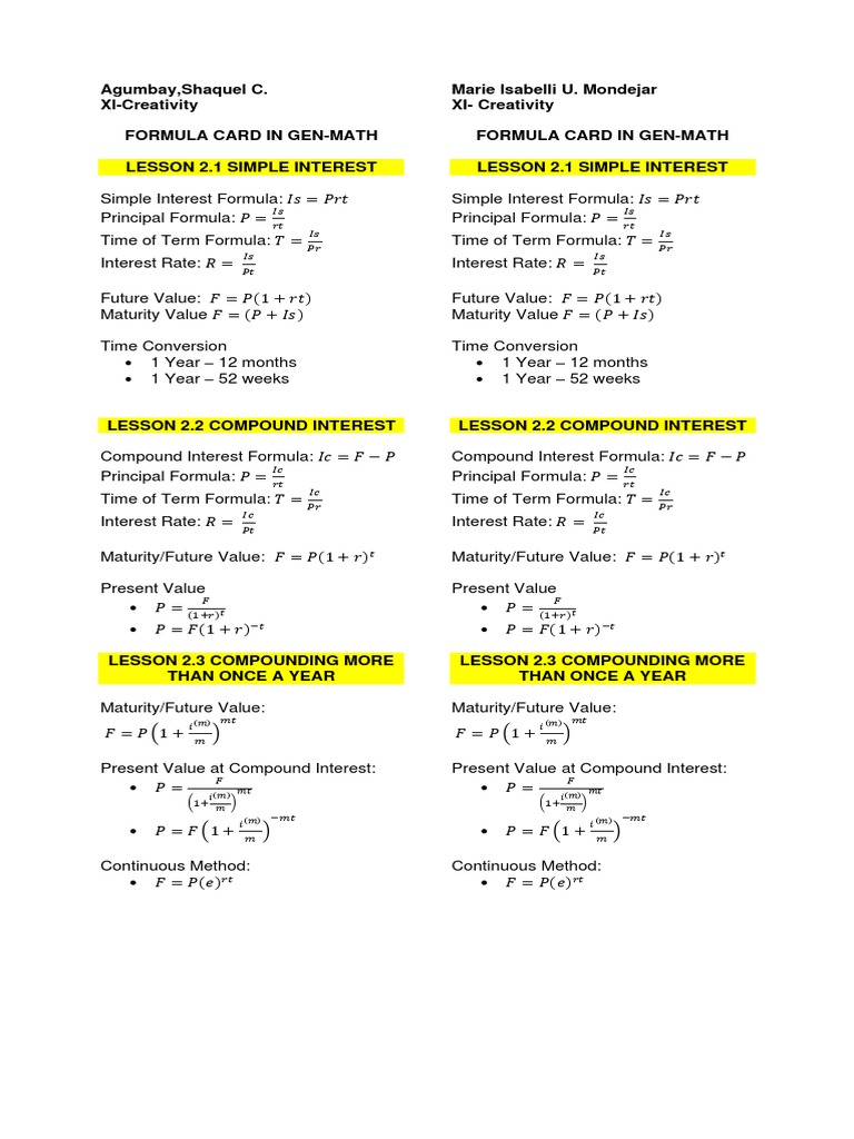 Gen Math Formula Card | PDF | Interest | Compound Interest