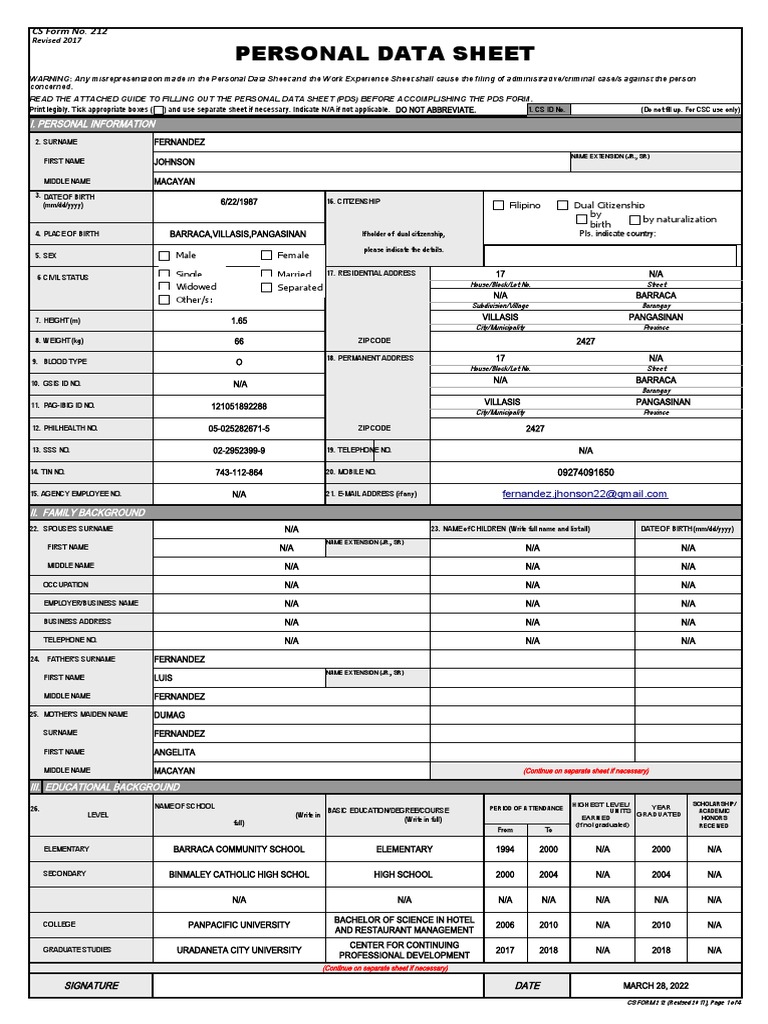 Official CSC Form 212 PDS Fill Out | PDF