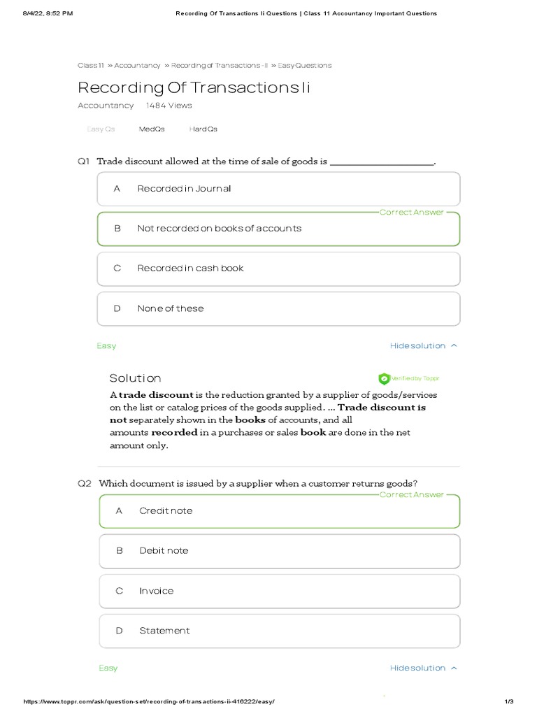 Recording of Transactions Ii Questions - Class 11 Accountancy Easy ...