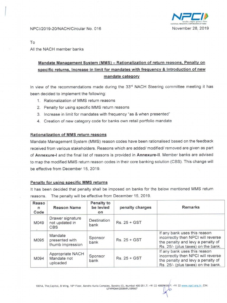 Circular No.016 MMS - Rationalization of Return Reasons, Penalty On ...