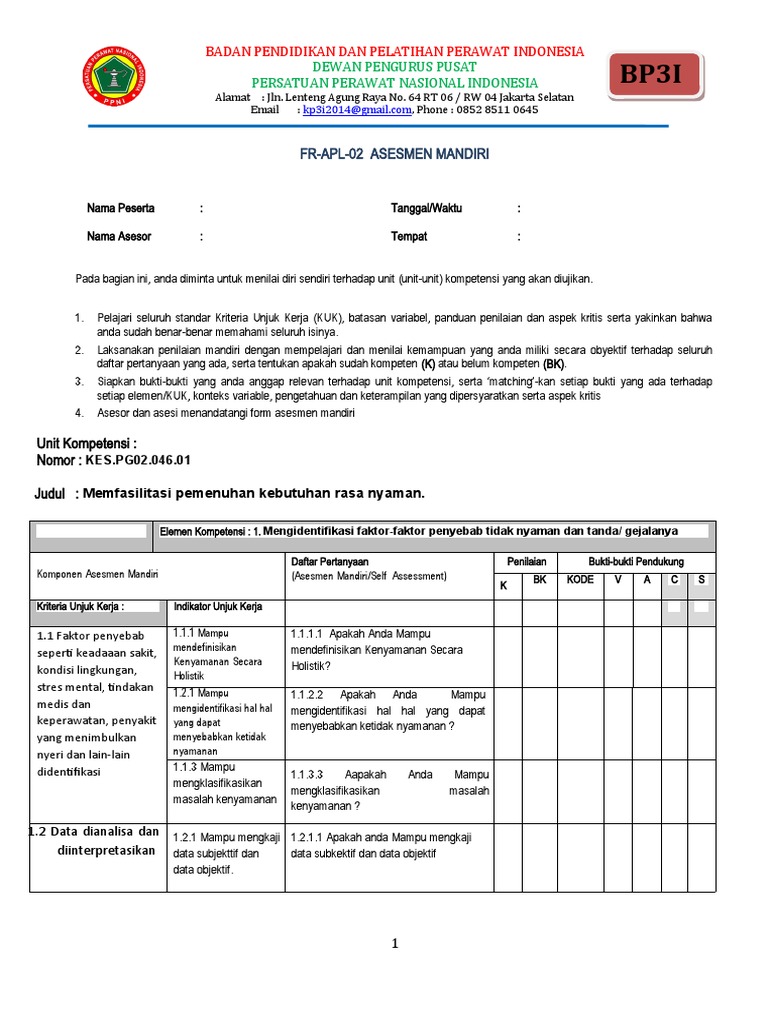 Fr-Apl-02. Asesmen Mandiri | PDF