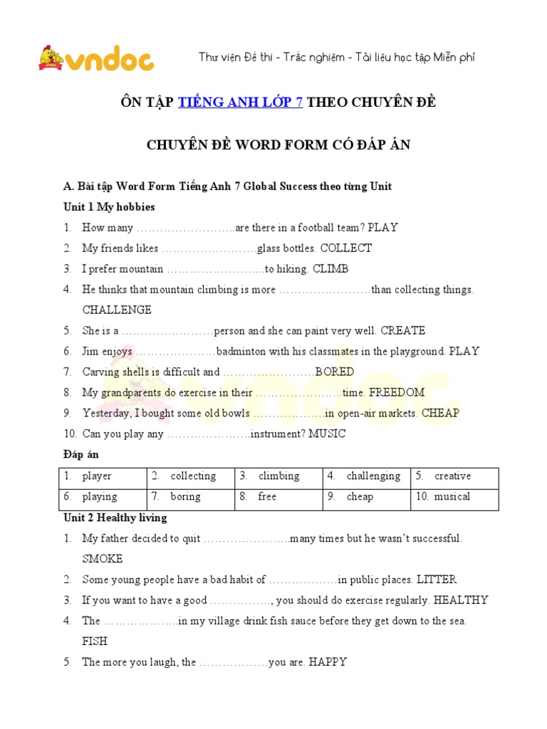 Bai Tap Word Form Tieng Anh Lop 7 | PDF | Energy Development | Solar Power