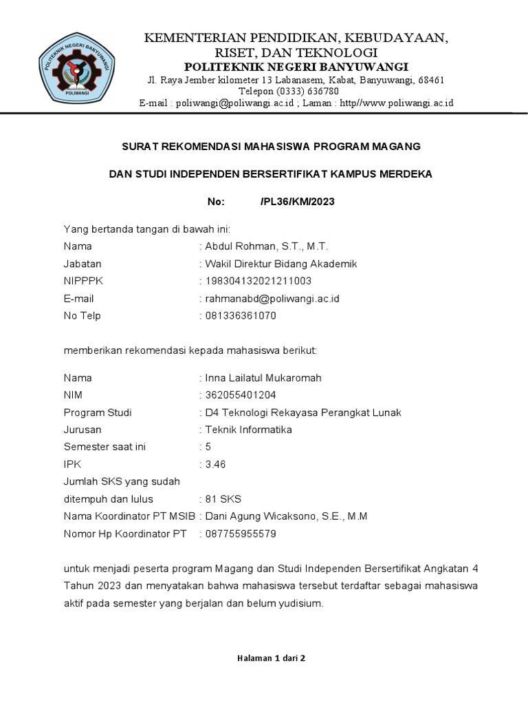 (Format) Surat Rekomendasi PT Untuk Mahasiswa Program MSIB Angkatan 4 ...