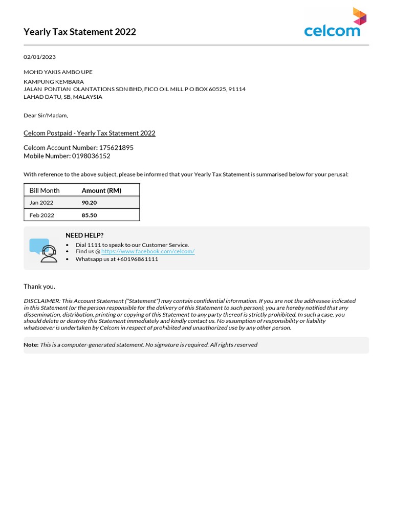 Celcom Yearly Tax Statement 2022 | PDF | Business | Finance & Money ...