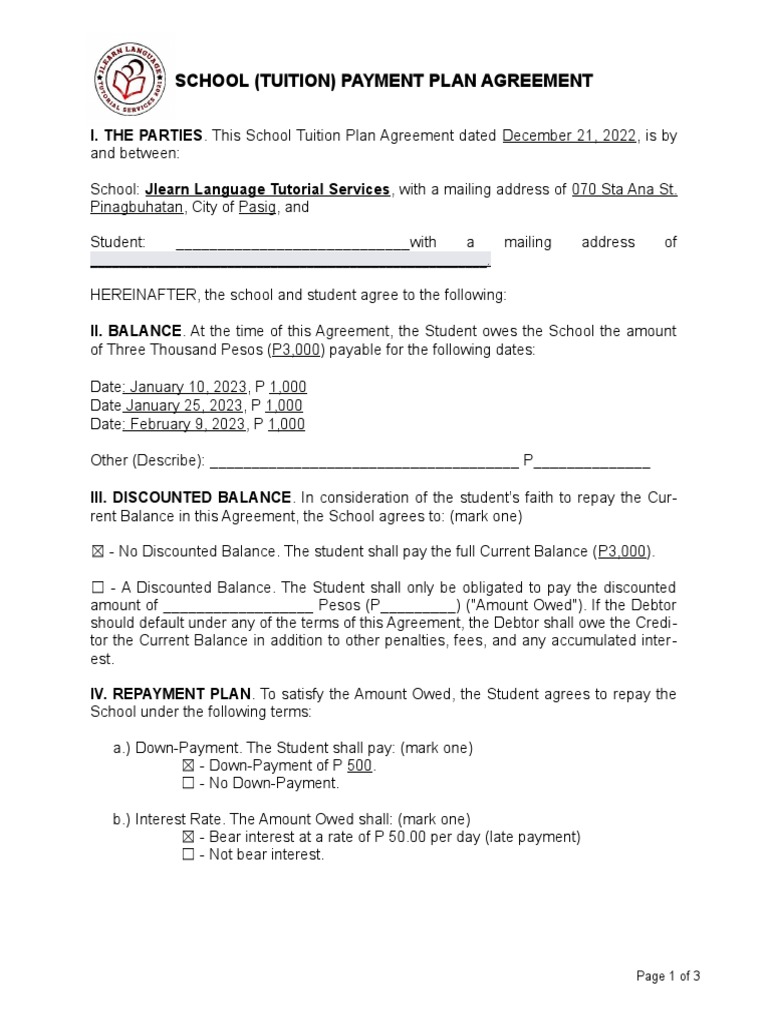 School Tuition Payment Plan Agreement | PDF | Interest | Debt