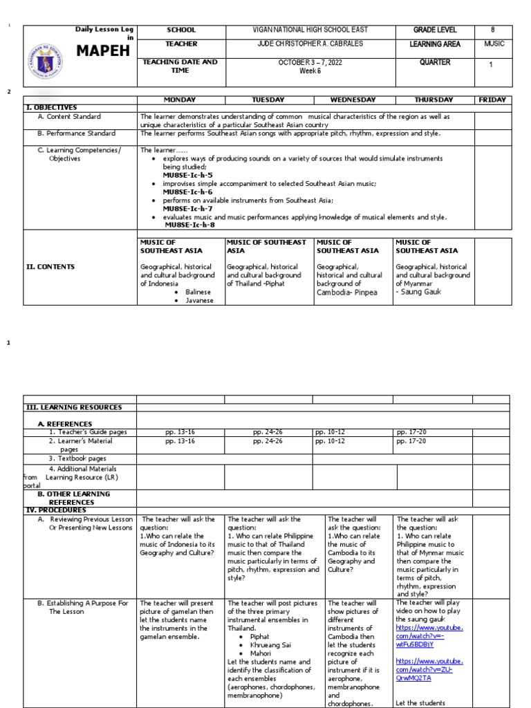 Southeast Asian Music Lesson Plan | PDF | Southeast Asia | Learning