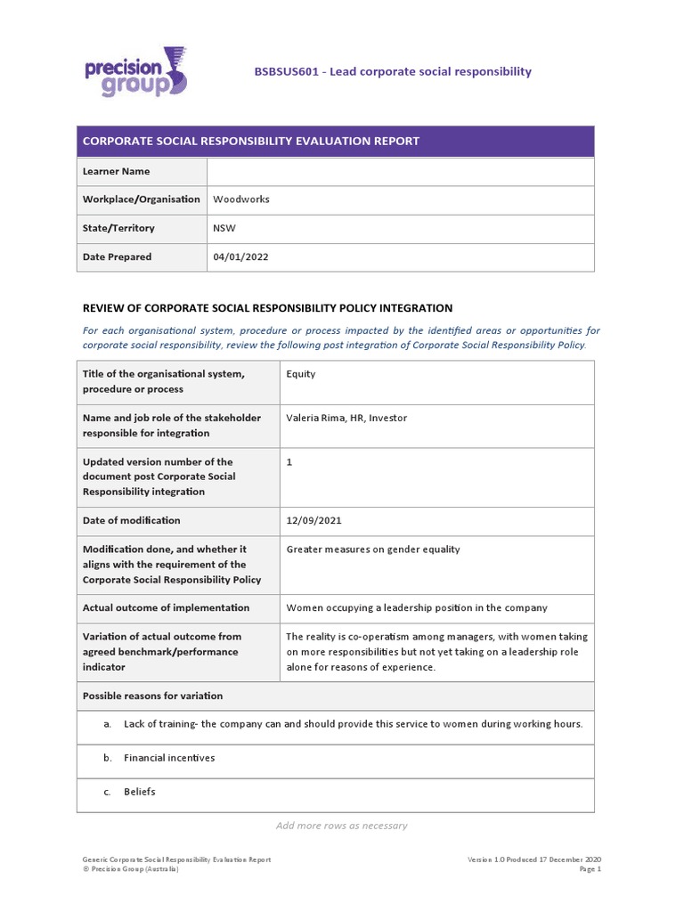 Corporate Social Responsibility Evaluation Report | PDF | Corporate ...