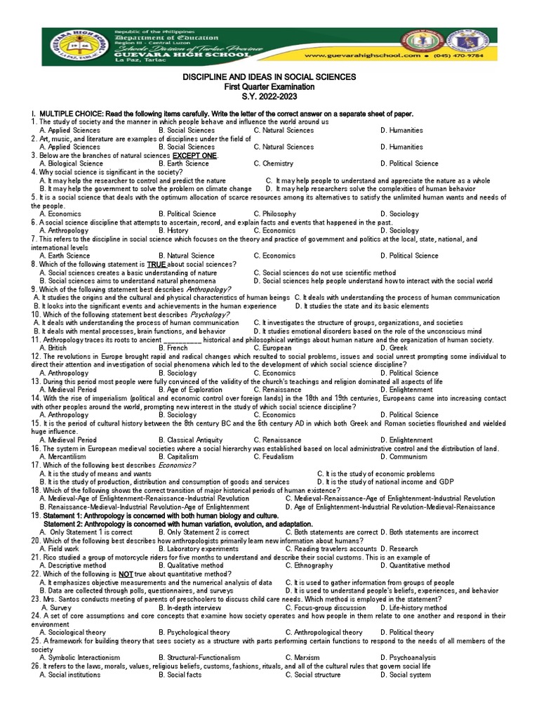 1st QTR TEST IN DSS | PDF | Social Sciences | Science
