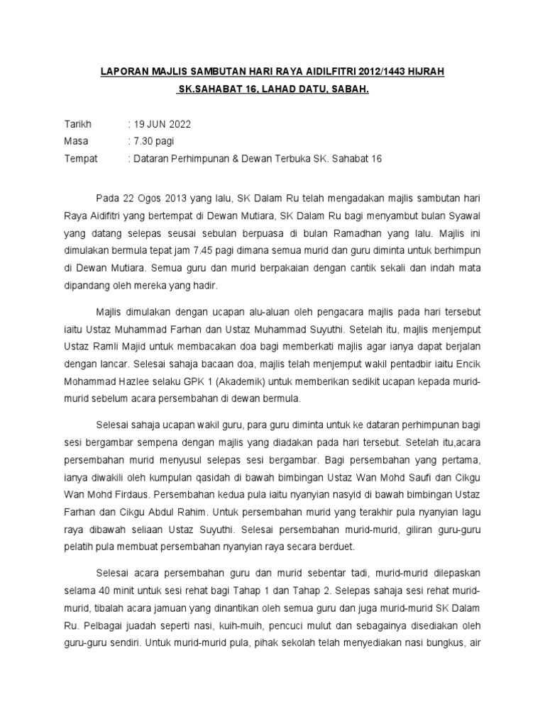 Laporan Sambutan Hari Raya Aidilfitri Peringkat Sekolah 2 | PDF