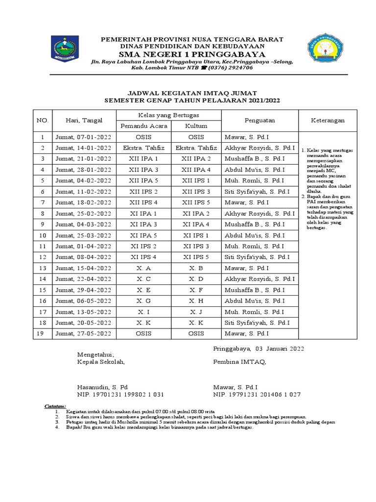 Jadwal Imtaq Genap 2021-2022 | PDF