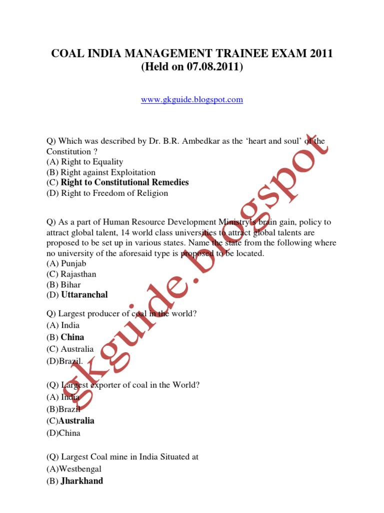 Coal India Management Trainee Exam 2011 Solved Paper | PDF