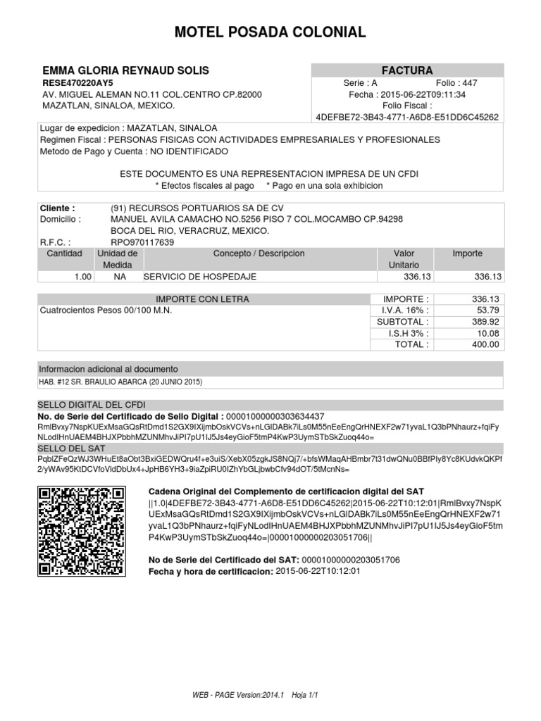 Factura de Hospedaje Emma Gloria | PDF