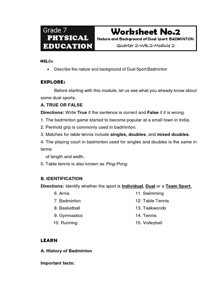 Grade 7 Worksheet on Badminton | PDF | Leisure | Ball Games