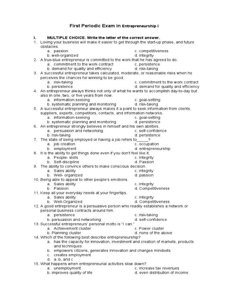 Entrepreneurship I Exam Questions | PDF | Entrepreneurship | Risk