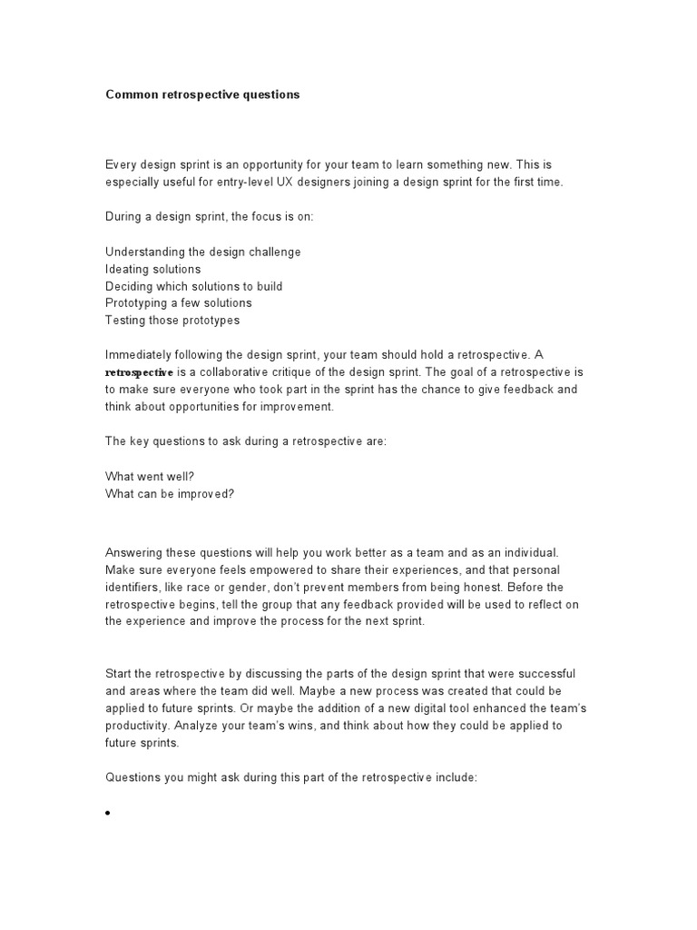 Common Retrospective Questions | PDF | Communication | Behavioural Sciences