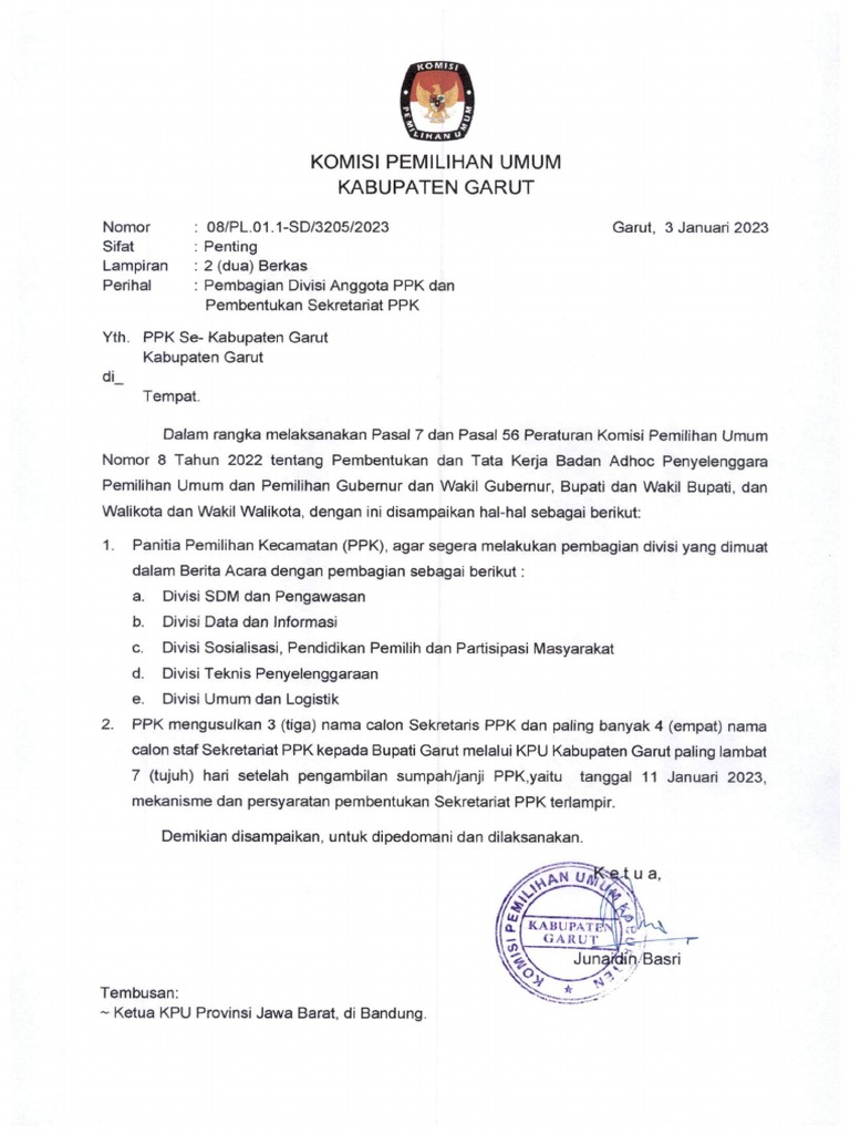Surat Ketua Kpu Penugasan Divisi Dan Contoh Ba PPK | PDF