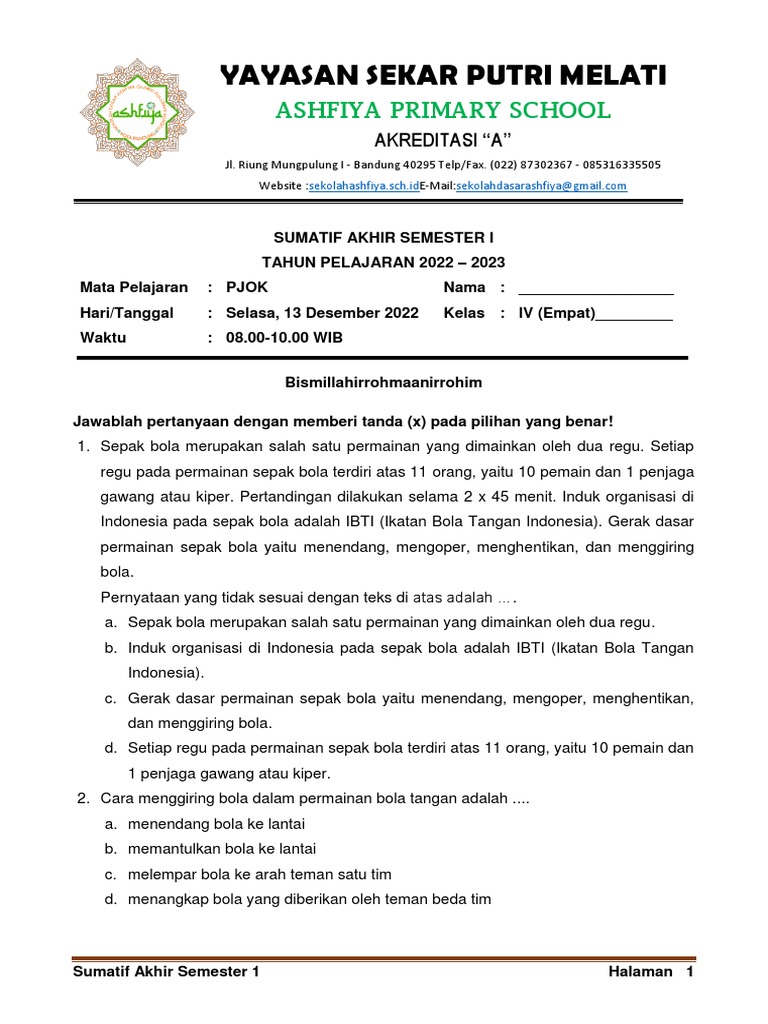 Soal Akm Pas Pjok KLS 4 SD Ashfiya | PDF