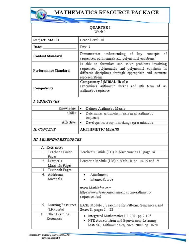 Mathematics Resource Package: Quarter I Subject: MATH Date: - Day: 3 ...