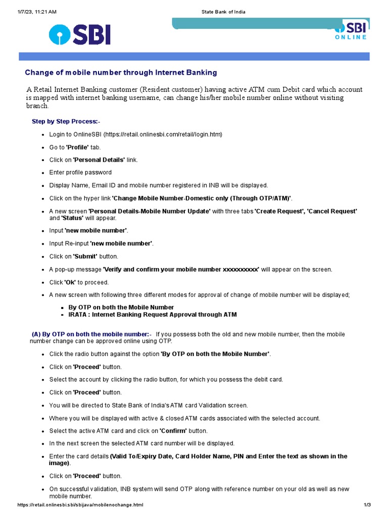 SBI Mob Number Change | PDF | Automated Teller Machine | Online Banking