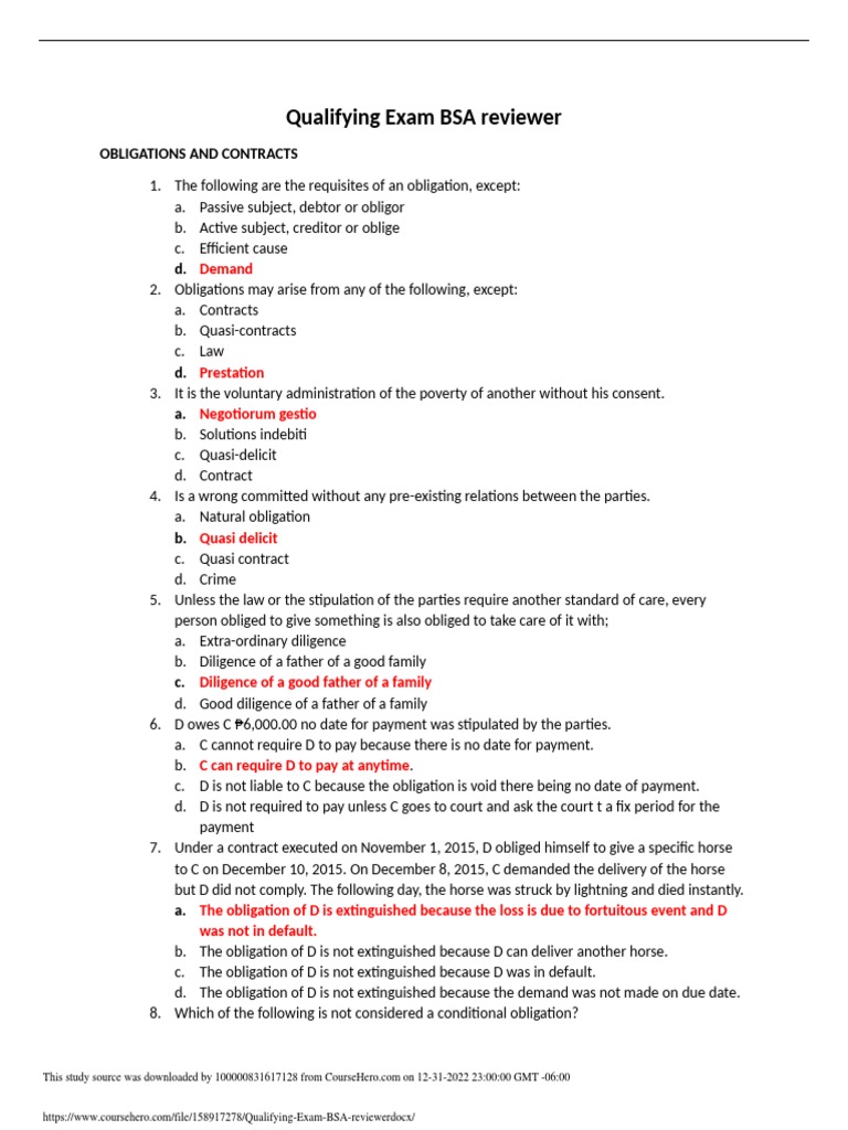 Qualifying Exam BSA Reviewer | PDF | Law Of Obligations | Consideration