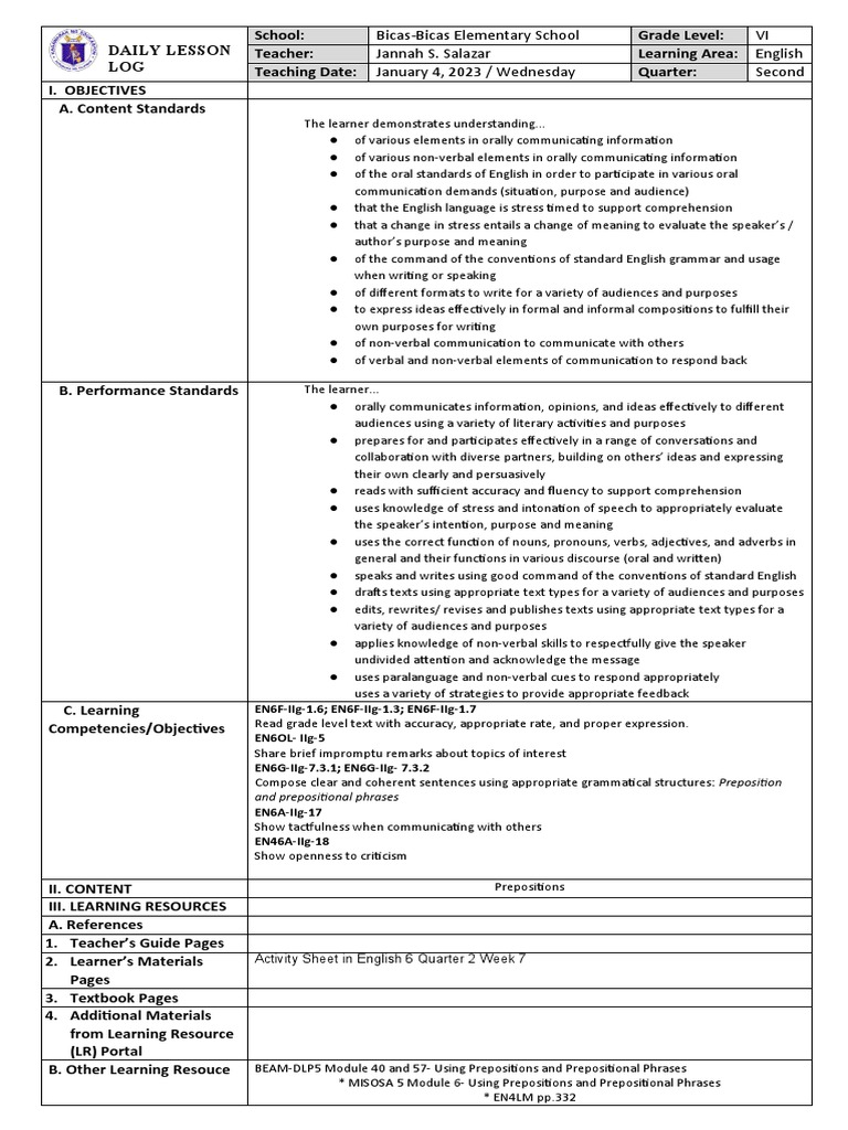 Lesson Plan in English 6 Q2 WK7 | PDF | English Language | Learning