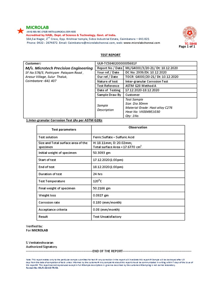 Microlab: M/s. Microtech Precision Engineering | PDF | Corrosion | Chemical Compounds