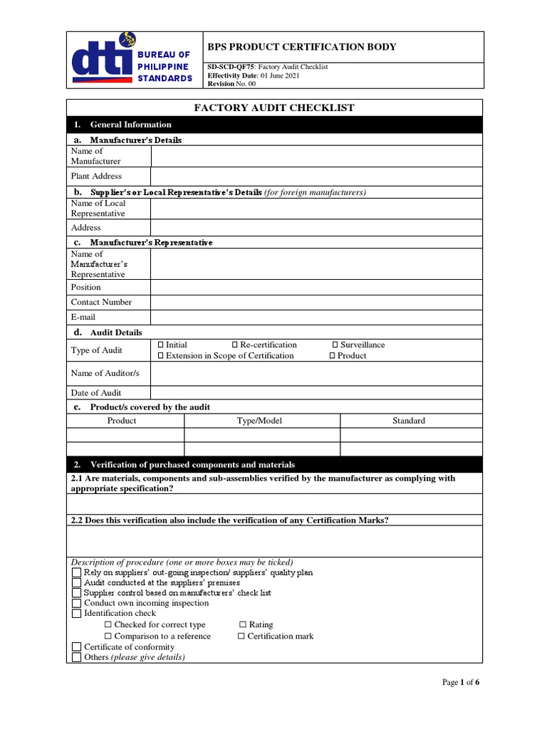 SD-SCD-QF75 Factory Audit Checklist Rev.0 | PDF | Calibration ...