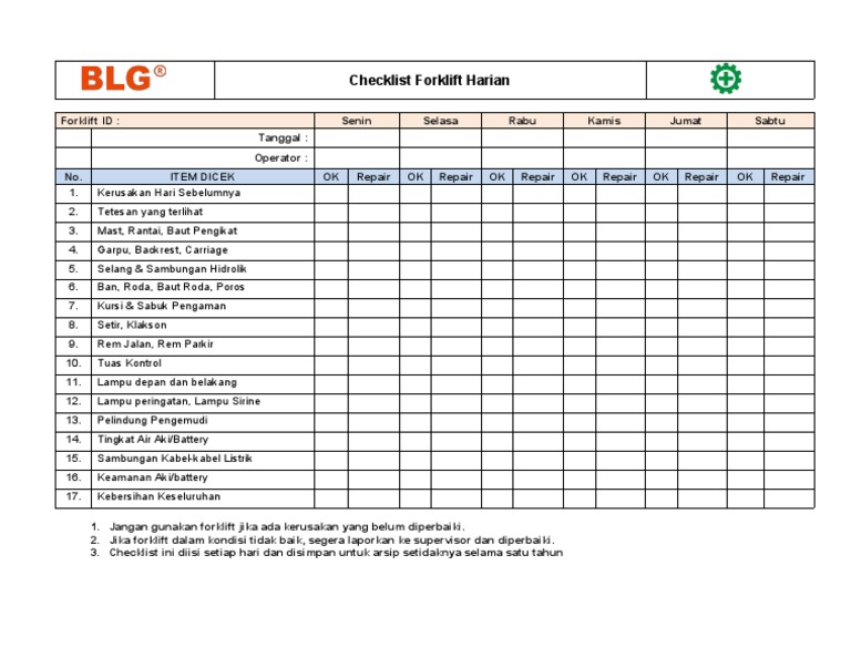 Ceklist Forklift Harian | PDF | Bisnis