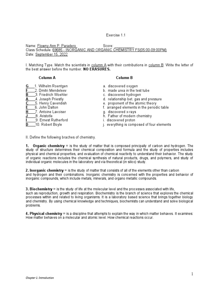 Chemistry Chapter 1 Summary | PDF | Physical Sciences | Chemistry