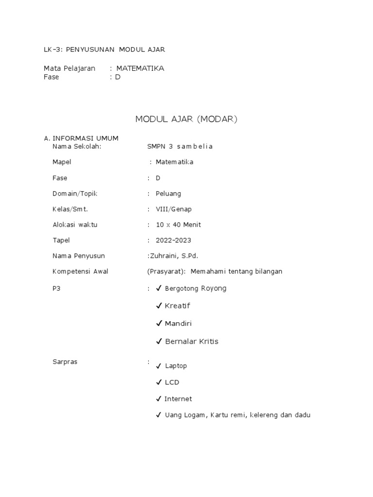 MODAR Peluang Kelas 8 | PDF