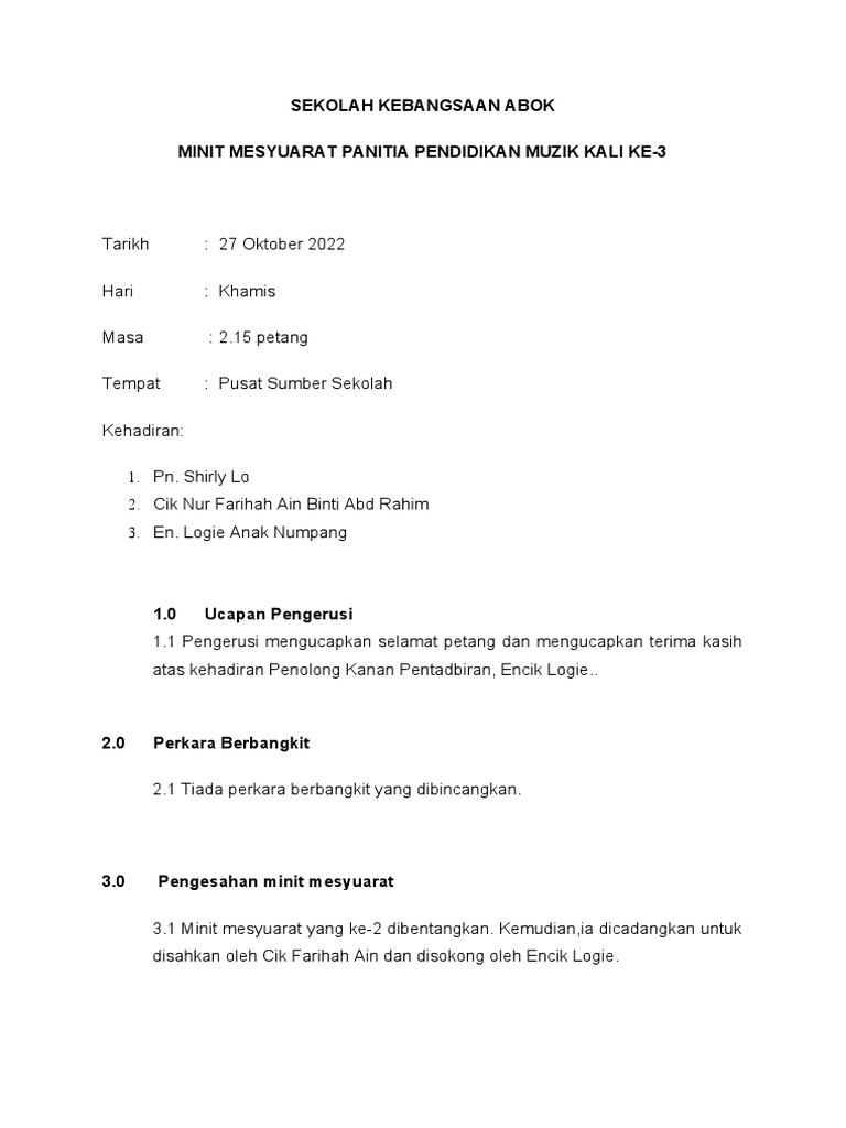 Minit Mesyuarat Panitia Muzik Ke-3 | PDF