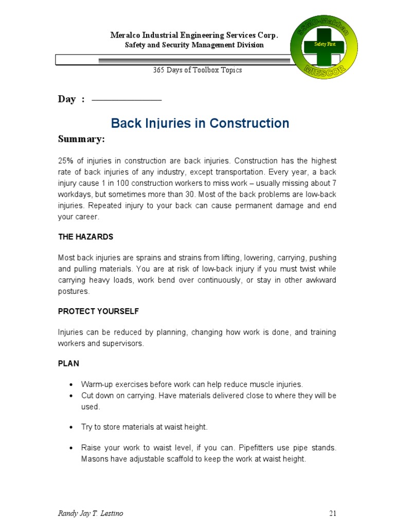 Back Injuries in Construction | PDF