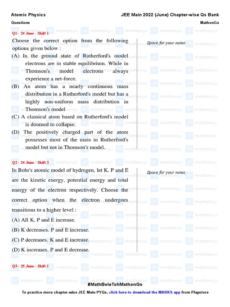 JEE Main 2022 Atomic Physics Questions | PDF