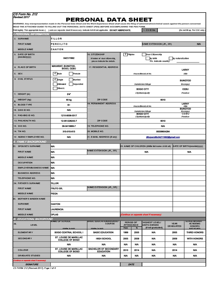 Personal Data Sheet | PDF | Information And Communications Technology | Information