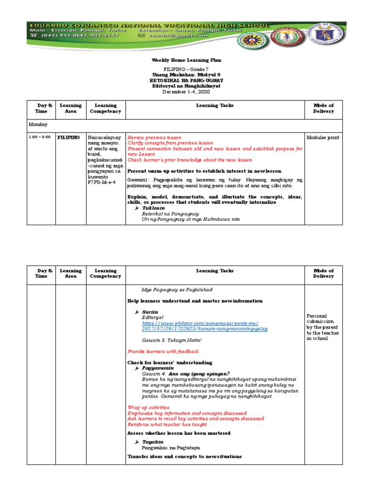 Weekly Home Learning Plan W9 | PDF | Learning | Cognition