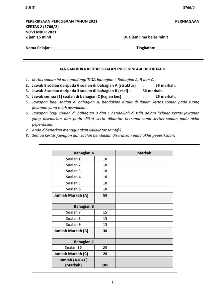 Kertas Trial Perniagaan Johor (Batu Pahat) K2 2021 | PDF