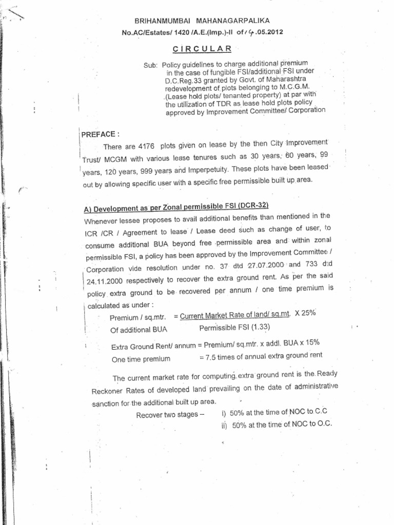 201205014guidelines To Charge Premium For Add FSI Under DCR 33 | PDF