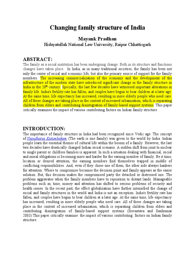 Changing Family Structure of India - Mayank | PDF | Cost Of Living | Family