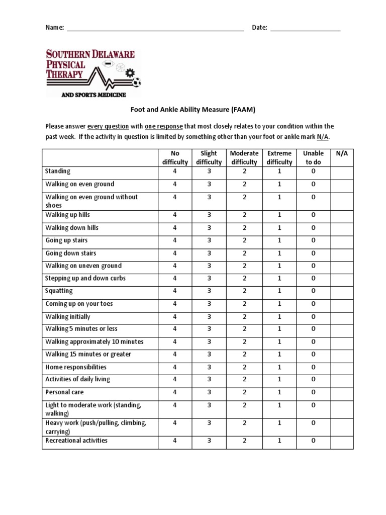 FAAM Questionnaire for Foot and Ankle Assessment | PDF | Foot
