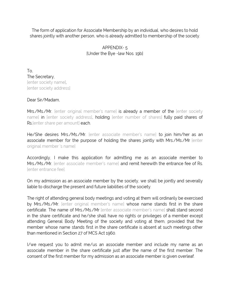 Application for Associate Membership to Hold Shares Jointly with an ...