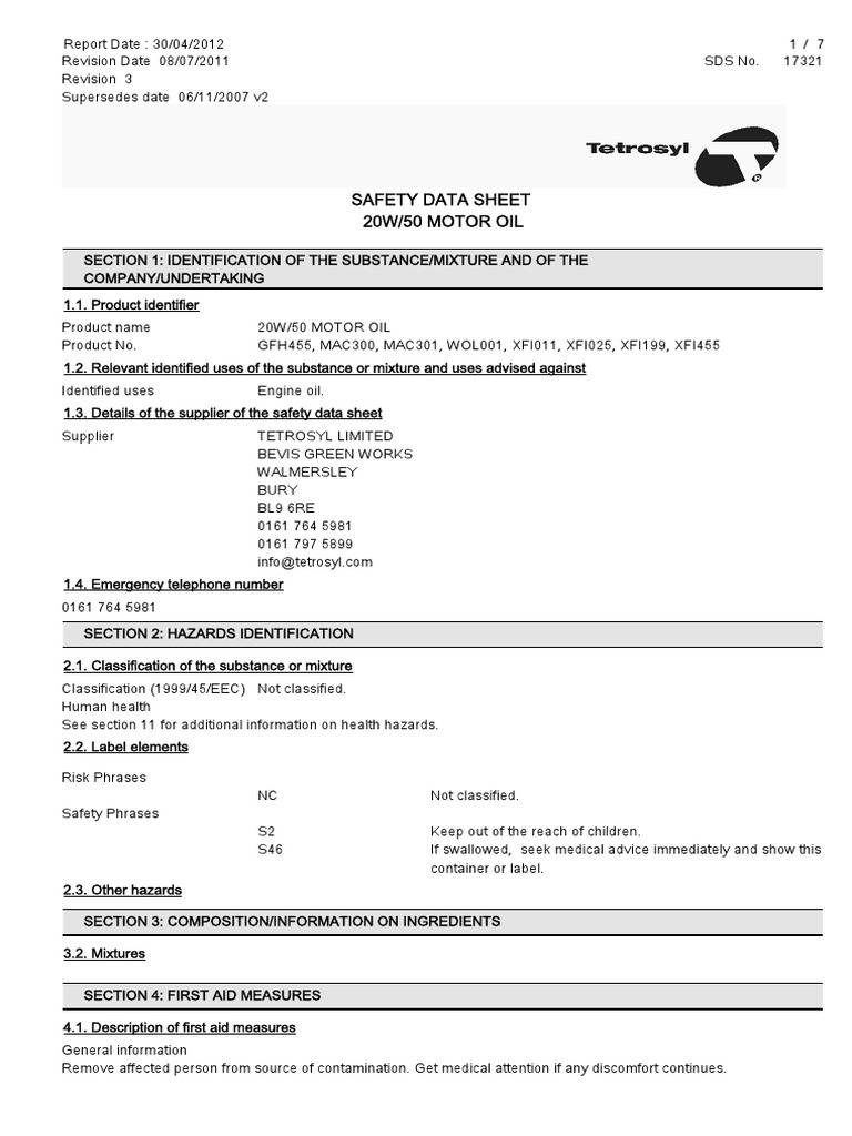 Safety Data Sheet 20W/50 Motor Oil | PDF | Safety | Chemistry