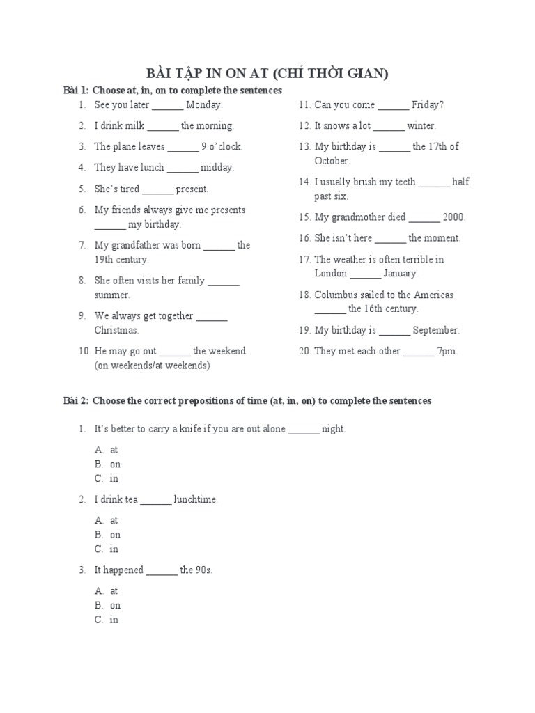 Bài Tập Giới Từ Thời Gian: In, On, At | PDF