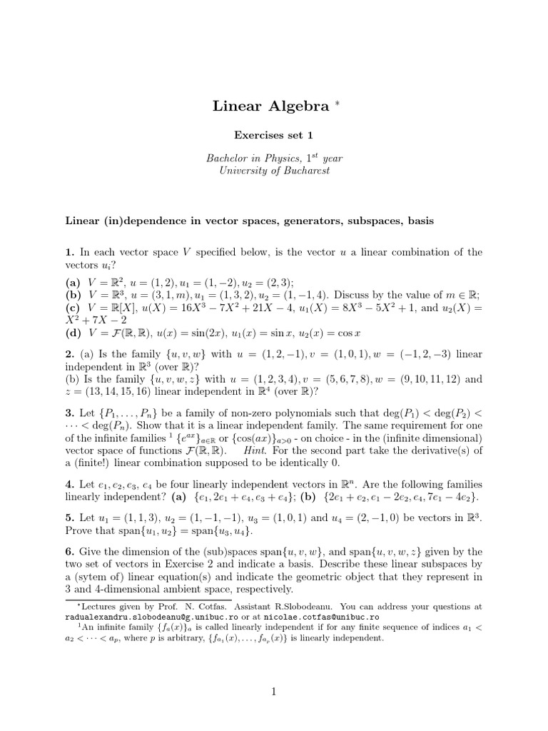 ALGExercises 1 | PDF | Vector Space | Linear Subspace