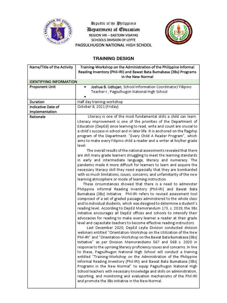 Training Design Phil Iri Training | PDF | Literacy | Educational Assessment