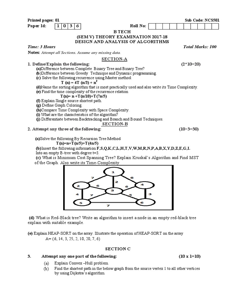 2017 Design And Analysis Of Algorithms Ncs 501 Pdf Time Complexity Mathematical Relations