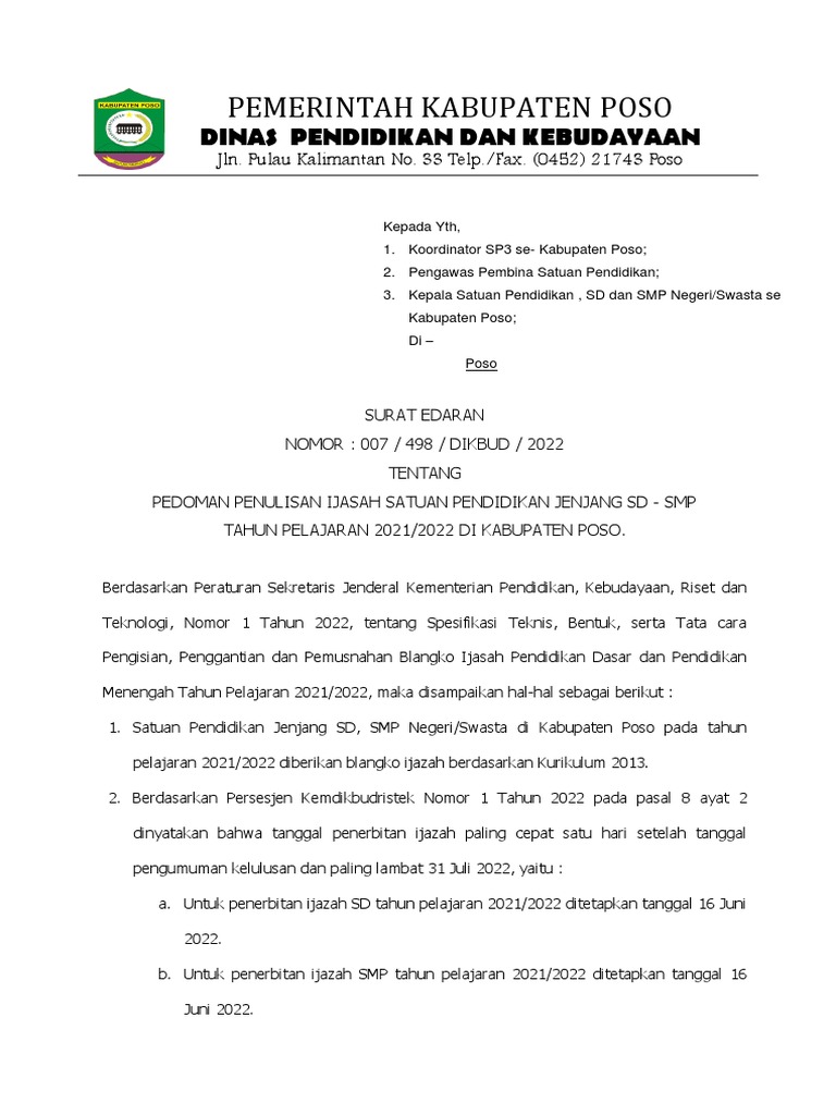 Surat Edaran Penulisan Ijasah T.P. 2021-2022 | PDF