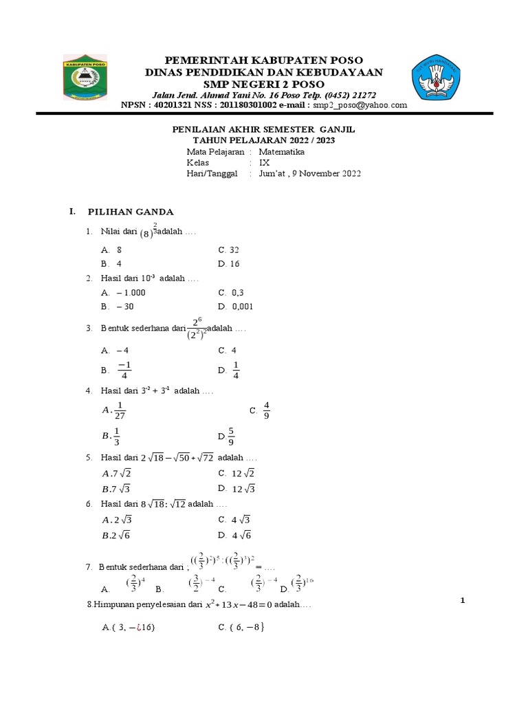 Soal MTK Pas KLS 9 Lengkap | PDF | Metode & Bahan Ajar