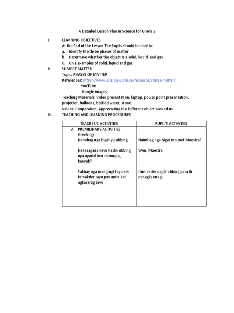 Grade 2 Lesson Plan: Phases of Matter | PDF | Science & Mathematics